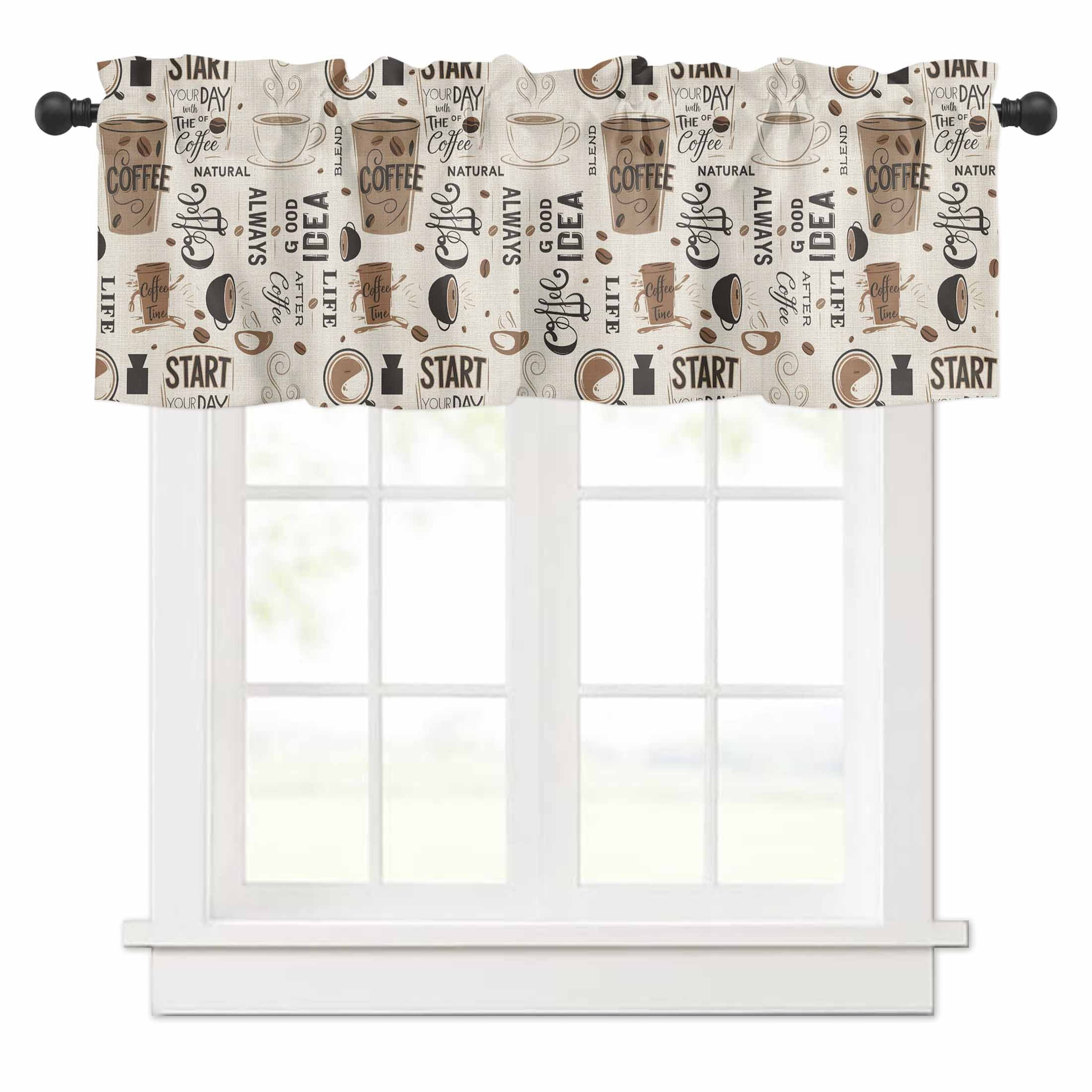 Coffee Cup Valances for Windows Coffee Beans Rod Pocket Curtain Valance ...