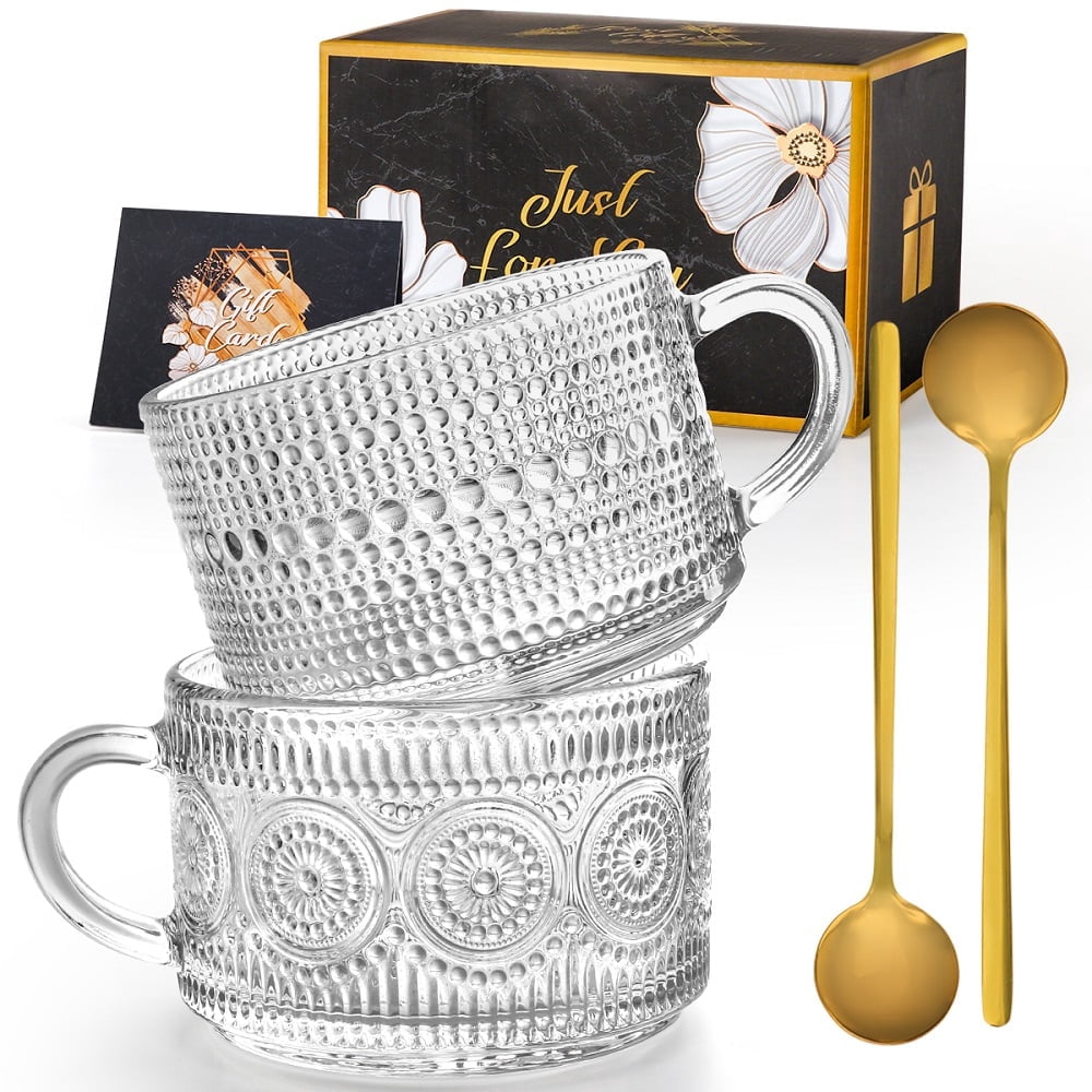 14oz Vintage Glass Coffee Mugs Set of 2 with Spoons, Stackable ...