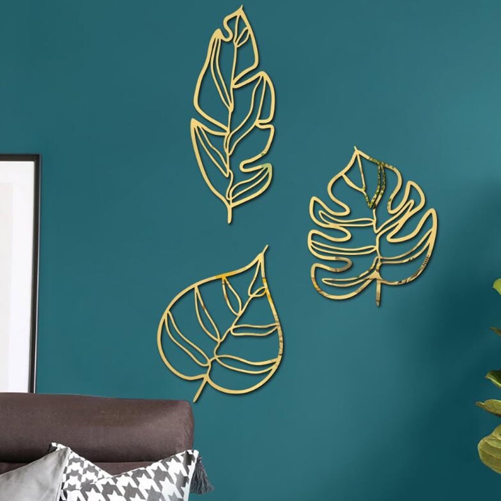 Set of 3 Pcs Leaf Wall Decals Acrylic Mirror Wall Stickers Hollow Gold ...