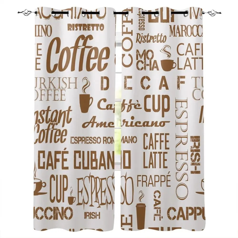 Coffee Cup Word Brown Beans Bedroom Kitchen Window Curtains Curtains ...