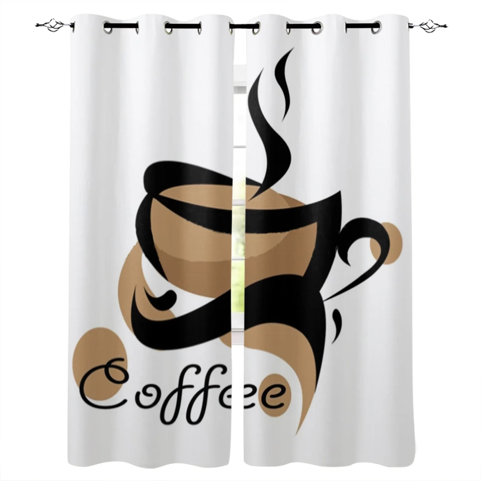 Coffee Cup Word Brown Beans Bedroom Kitchen Window Curtains Curtains ...