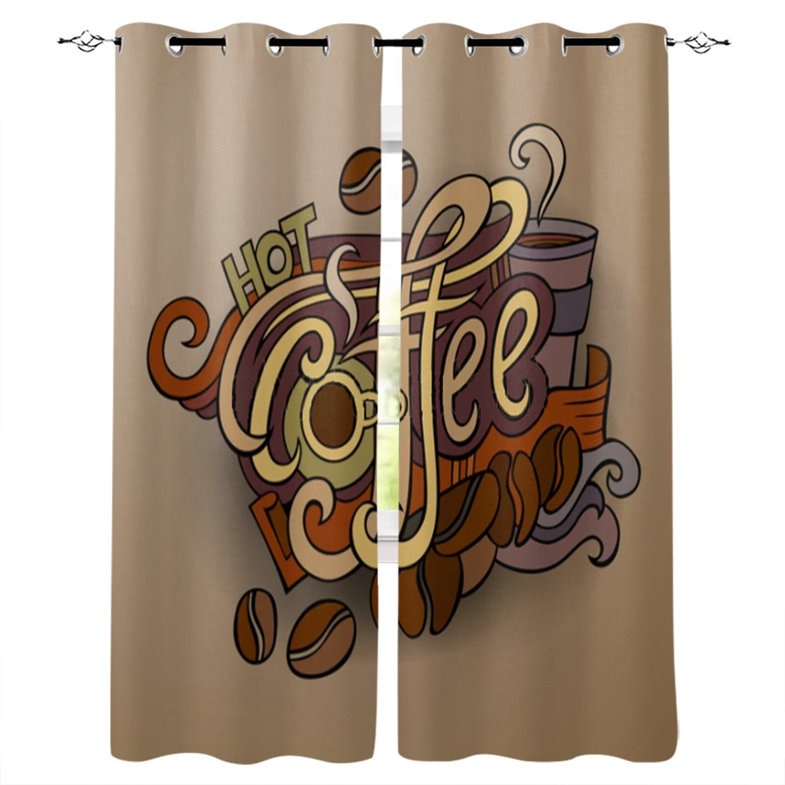 Coffee Cup Word Brown Beans Bedroom Kitchen Window Curtains Curtains ...
