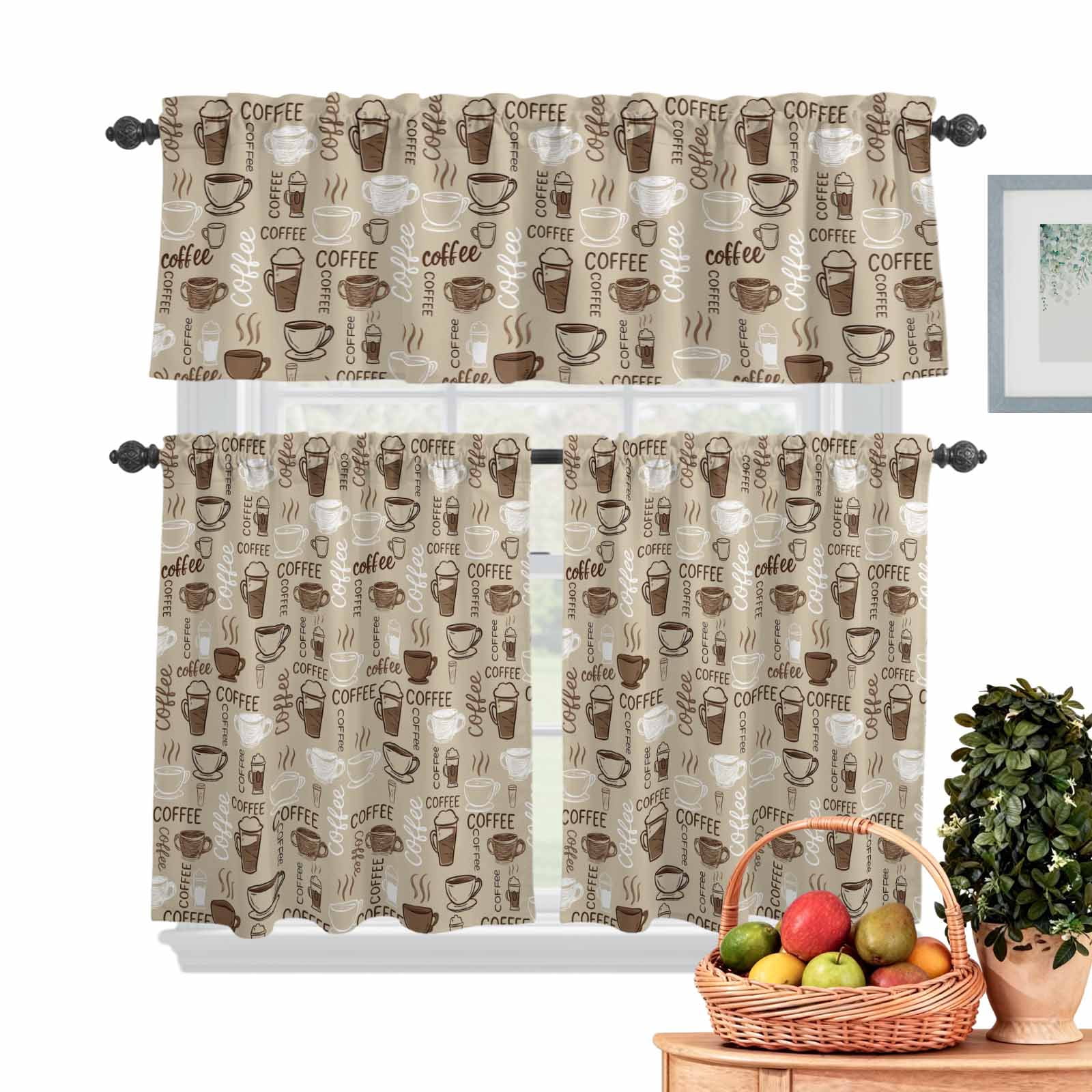 Coffee Cups Kitchen Curtains Valances 3 Piece Set, Vintage Abstract ...
