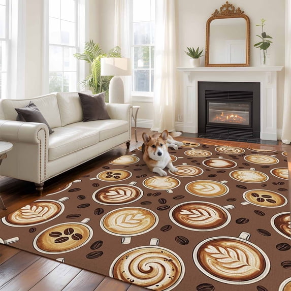 Coffee Cups Washable Area Rug 5x7 Country Coffee Beans Latte Brown Low ...