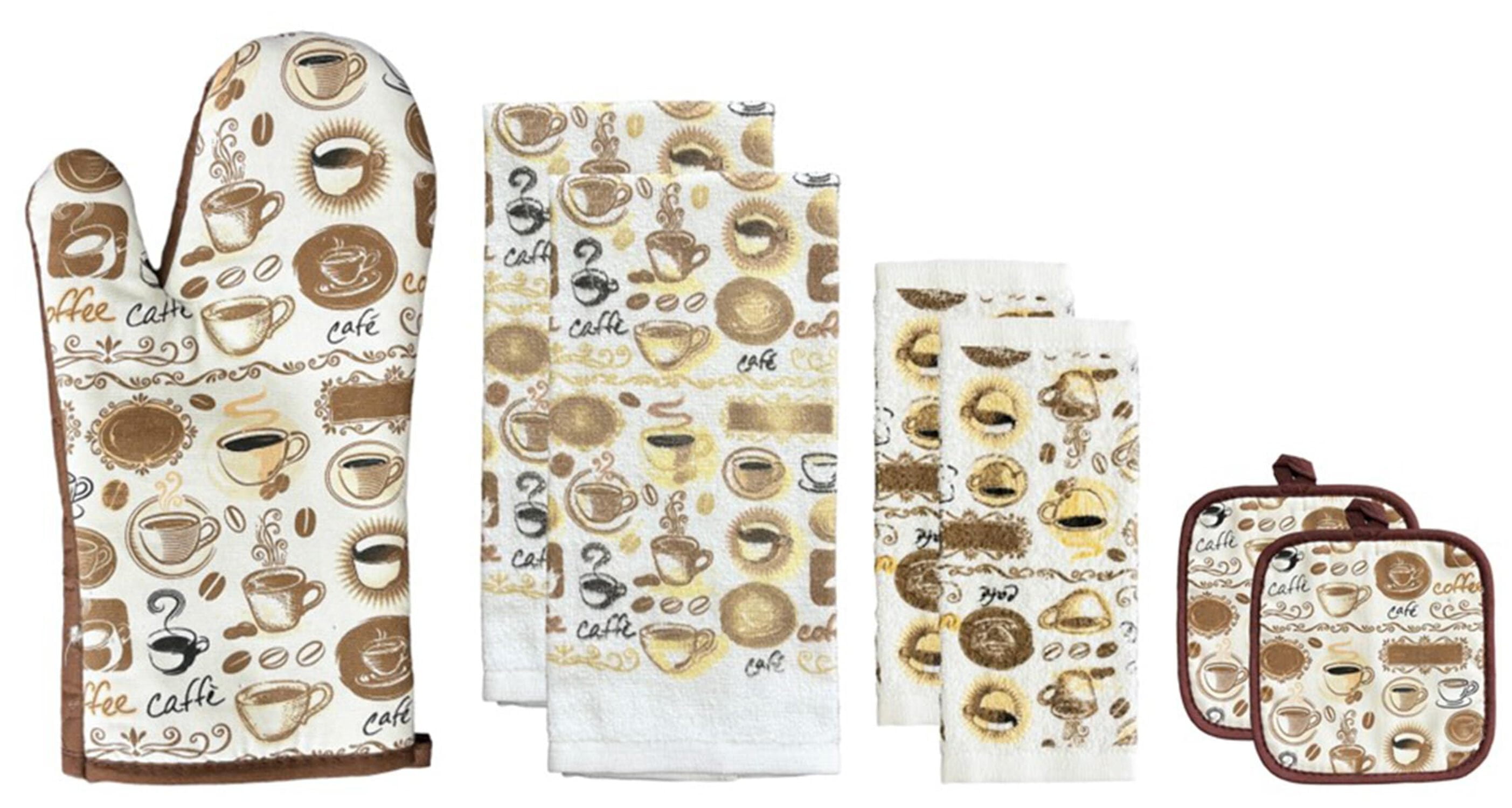 Coffee Design 100% Cotton Printed Kitchen Linen Set of 7, 2 Kitchen ...