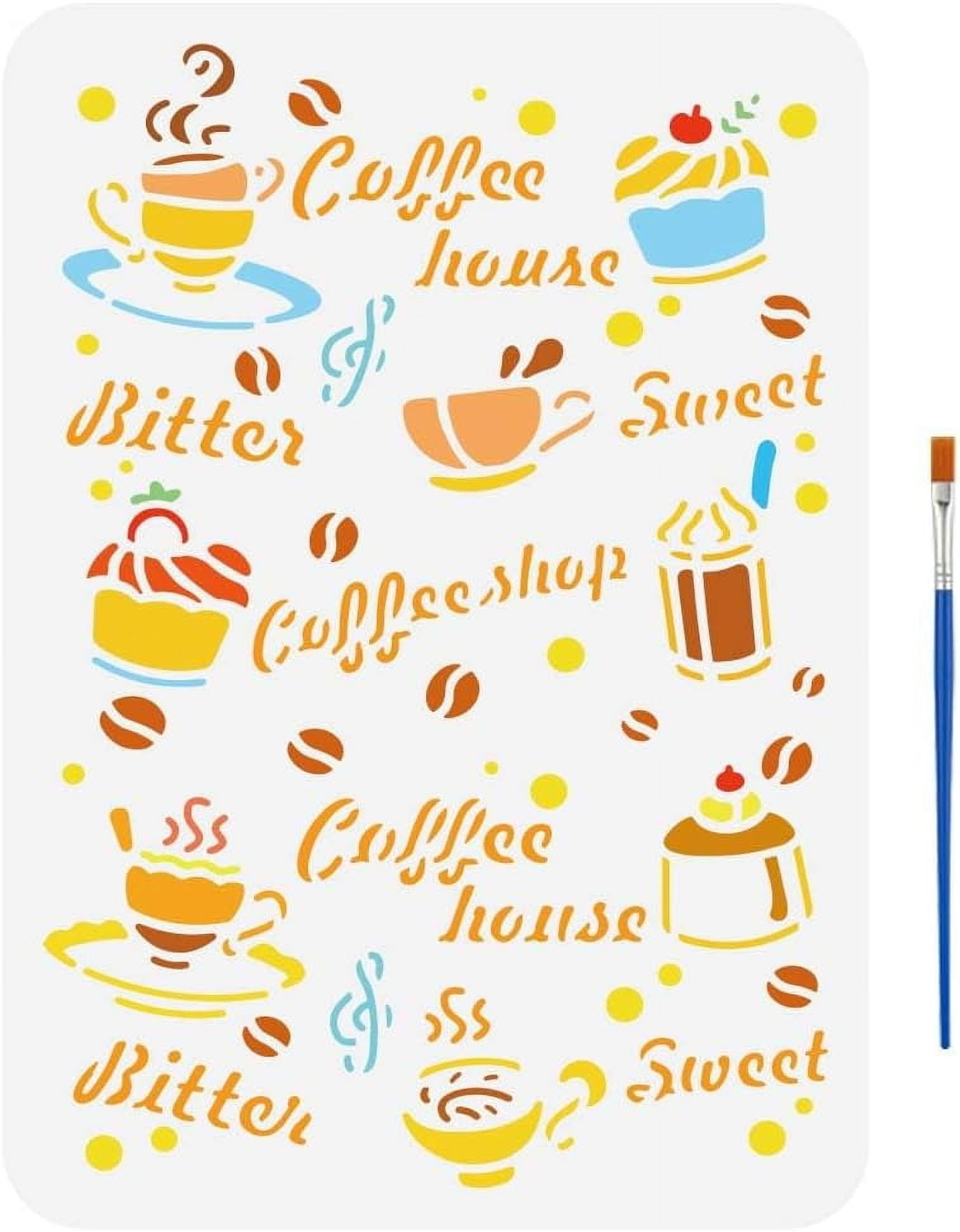 Coffee Desserts Stencil with a Paint Brush 8.3x11.7inch Coffee Cups Stencil Bitter Coffee ...