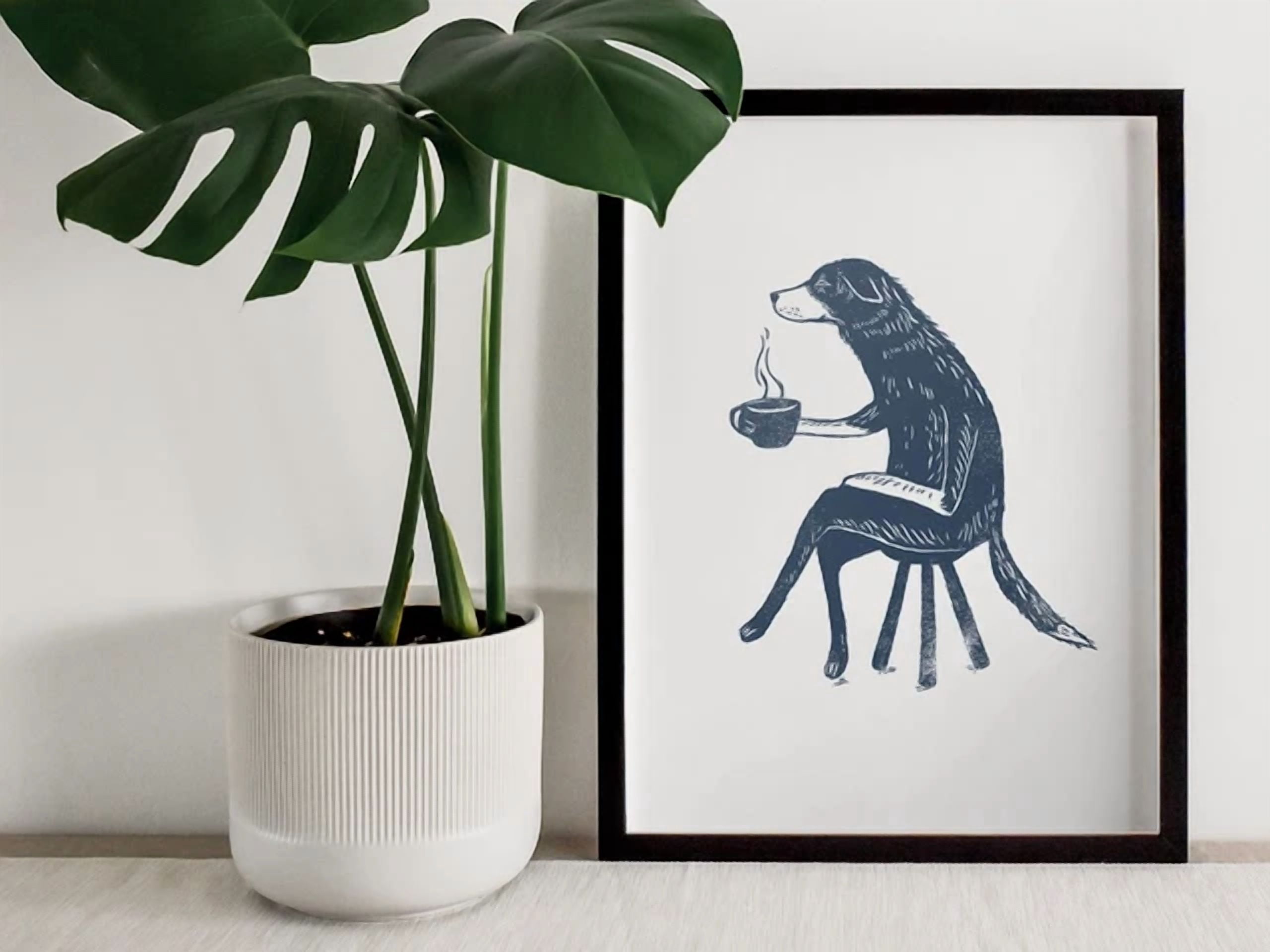 Coffee Dog Poster Lino Style Animal Illustration Wall Art For Dog ...