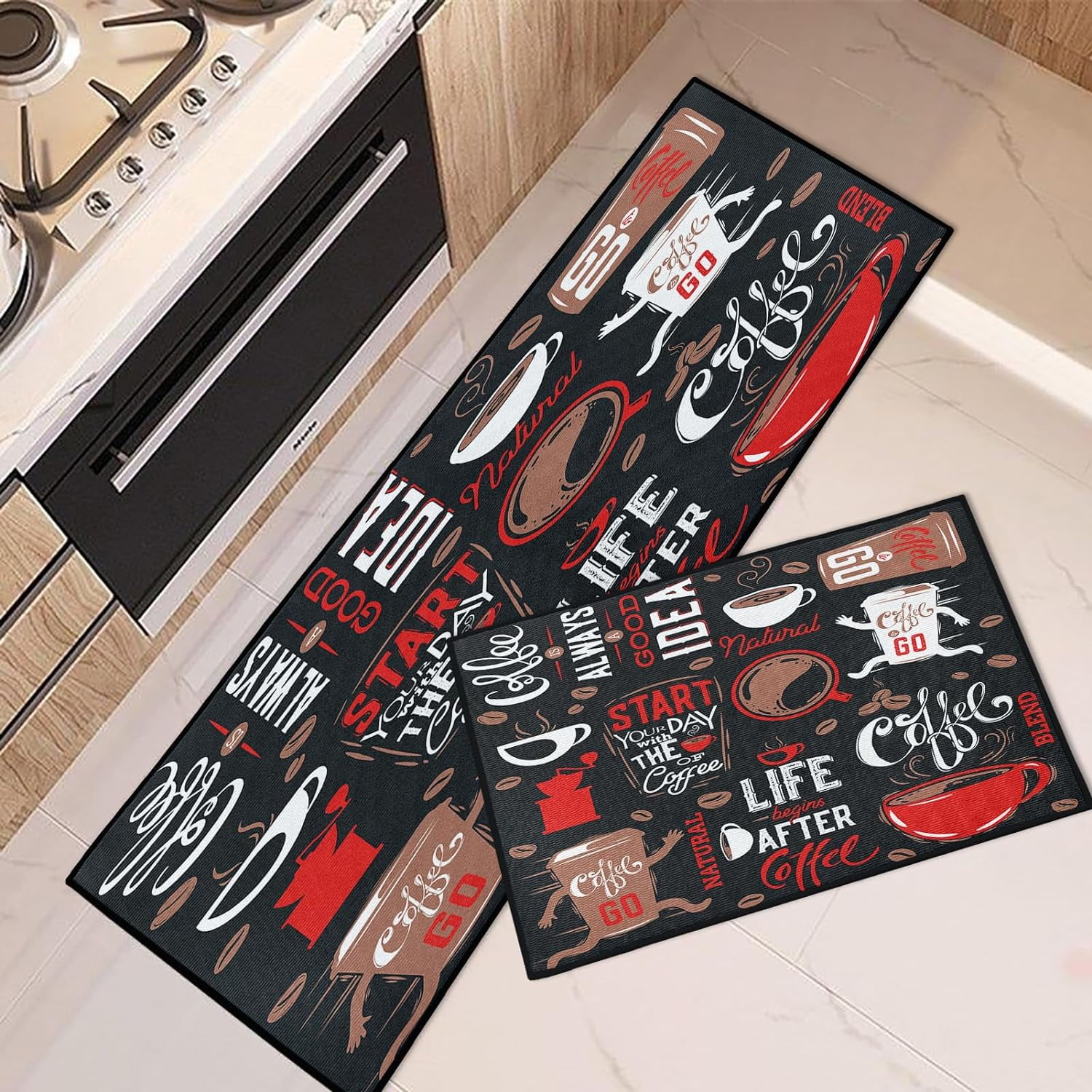 Coffee Doodle Kitchen Rugs and Mats Non Skid Washable Set of 2, Life ...