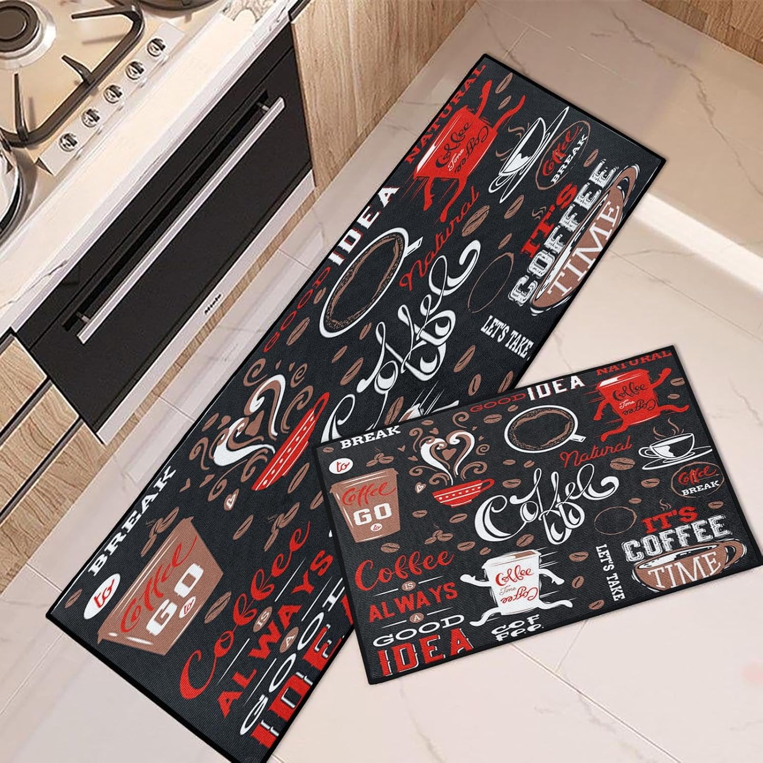 Coffee Doodle Kitchen Rugs and Mats Non Skid Washable Set of 2, Life ...