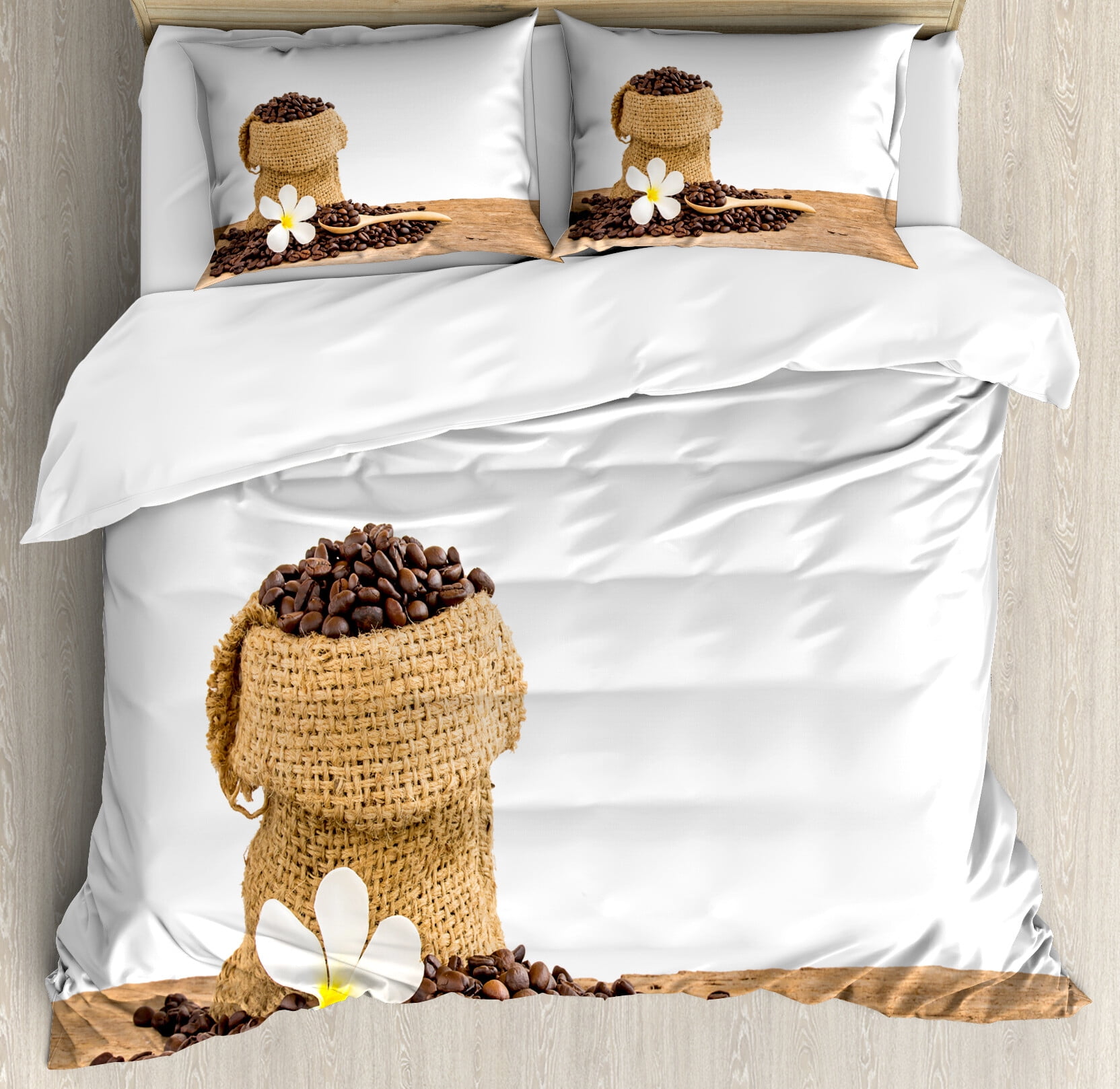 Coffee Duvet Cover Set, Photo of Beans in a Burlap Sack with a Flower ...