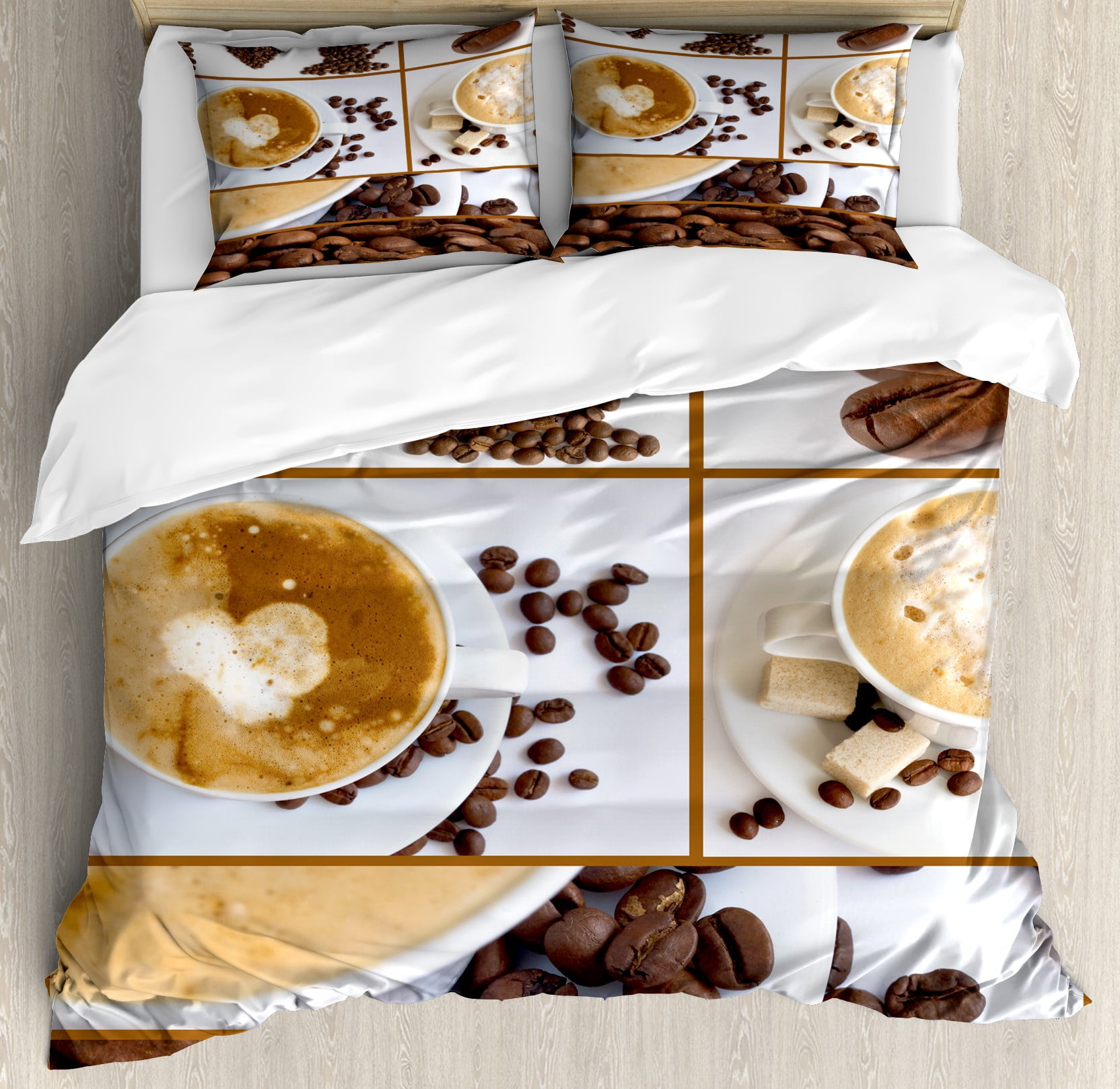 Coffee Duvet Cover Set, Themed Collage of Beans Mugs Hot Foamy Drink a ...