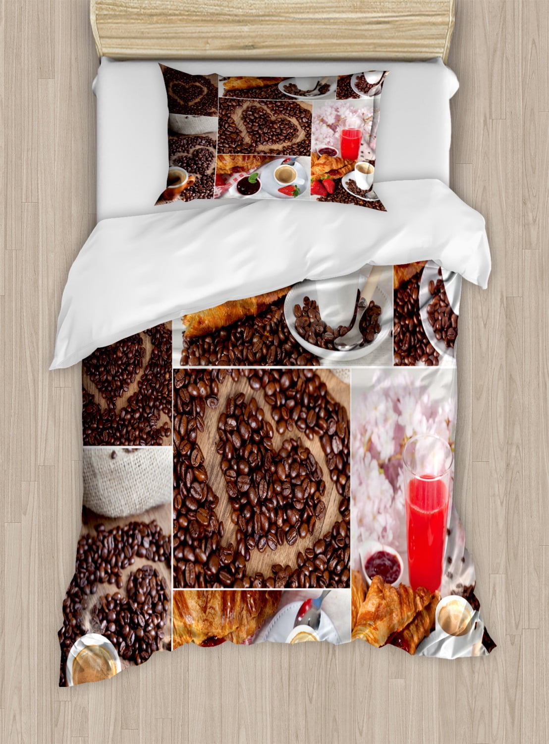 Coffee Duvet Cover Set Twin Size, Collage of Different Photos Breakfast ...