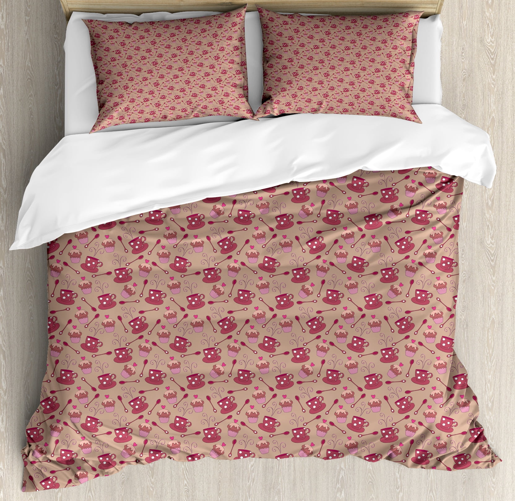 Coffee Duvet Cover Set, Vintage Composition of Tea Cups Muffins and ...