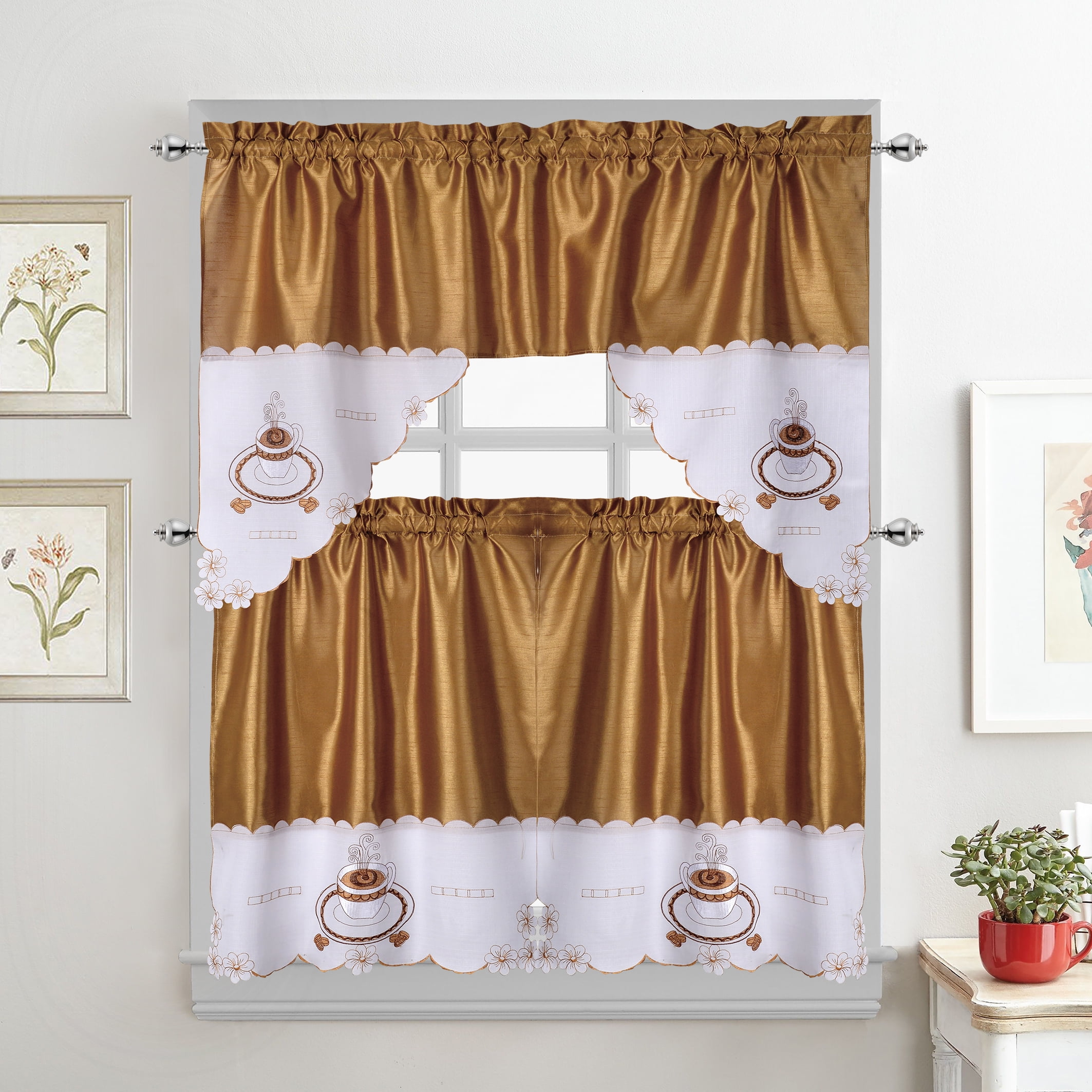Coffee Embroidered 3-Piece Kitchen Curtain Tiers & Swag Set, Gold color ...