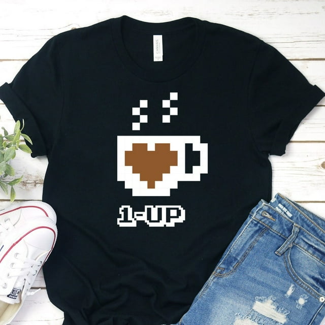 Coffee Energy Shirt, 1 Up Coffee Tee, Funny Gaming Coffee Shirt, 8-Bit ...