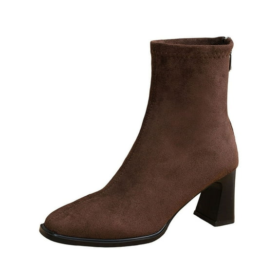 Coffee Female Ankle Boots With Rear Zipper Square Toe Flocked Upper Mid ...