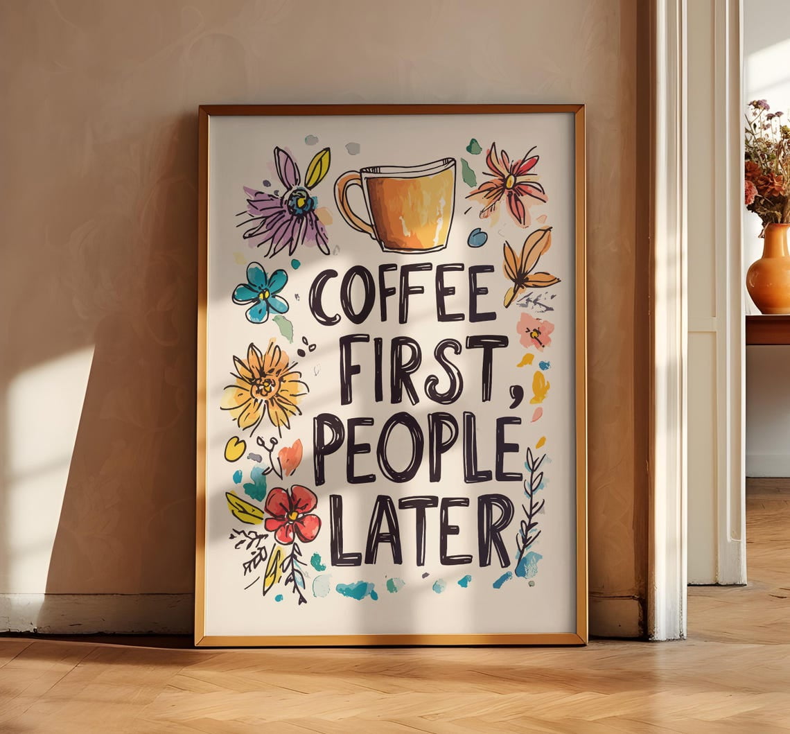 Coffee First Poster, Coffee Lover Decor, Retro Kitchen Print, Coffee ...