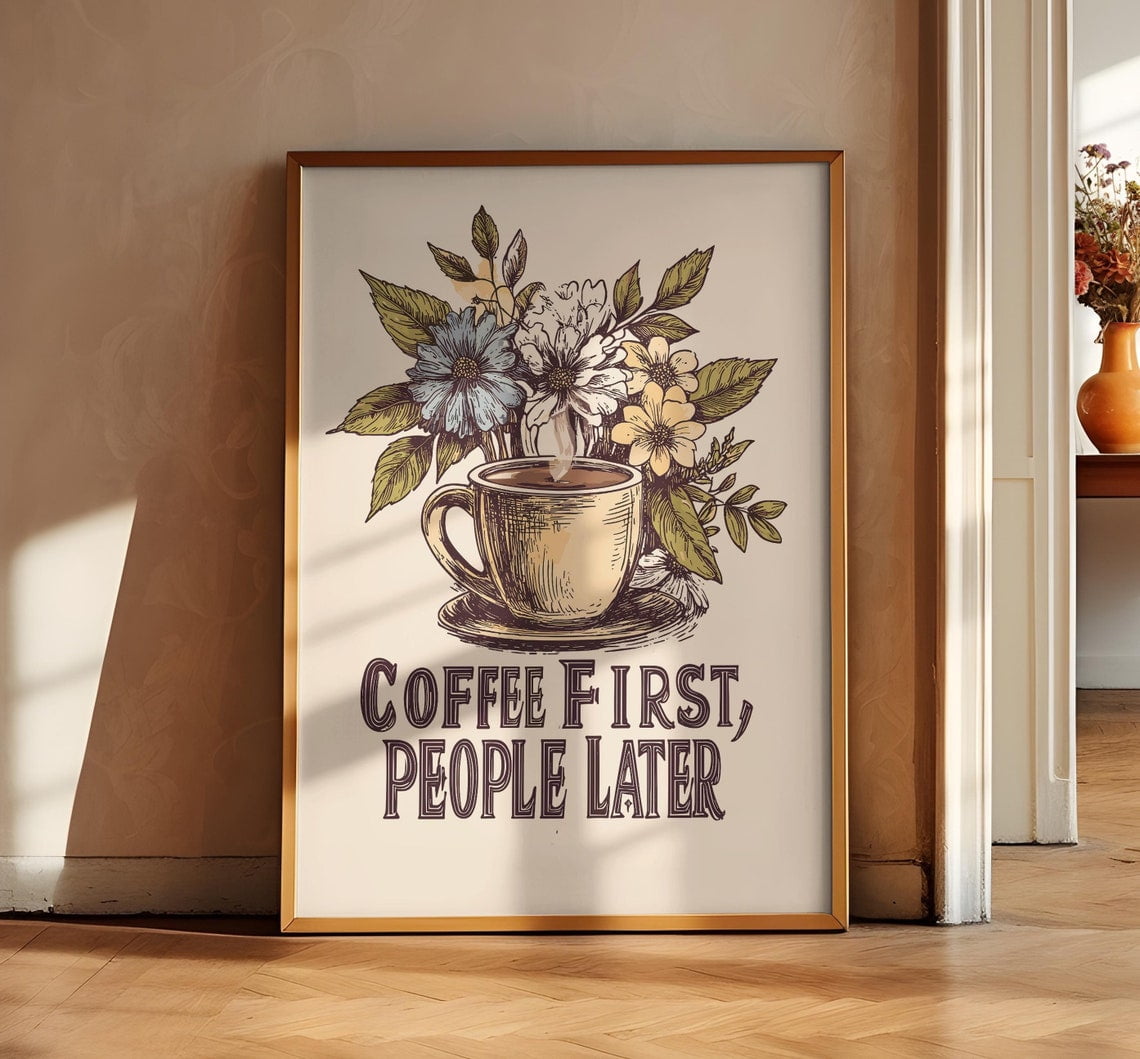 Coffee First, Retro Kitchen Print, Coffee Drawing, Coffee Lover Decor ...