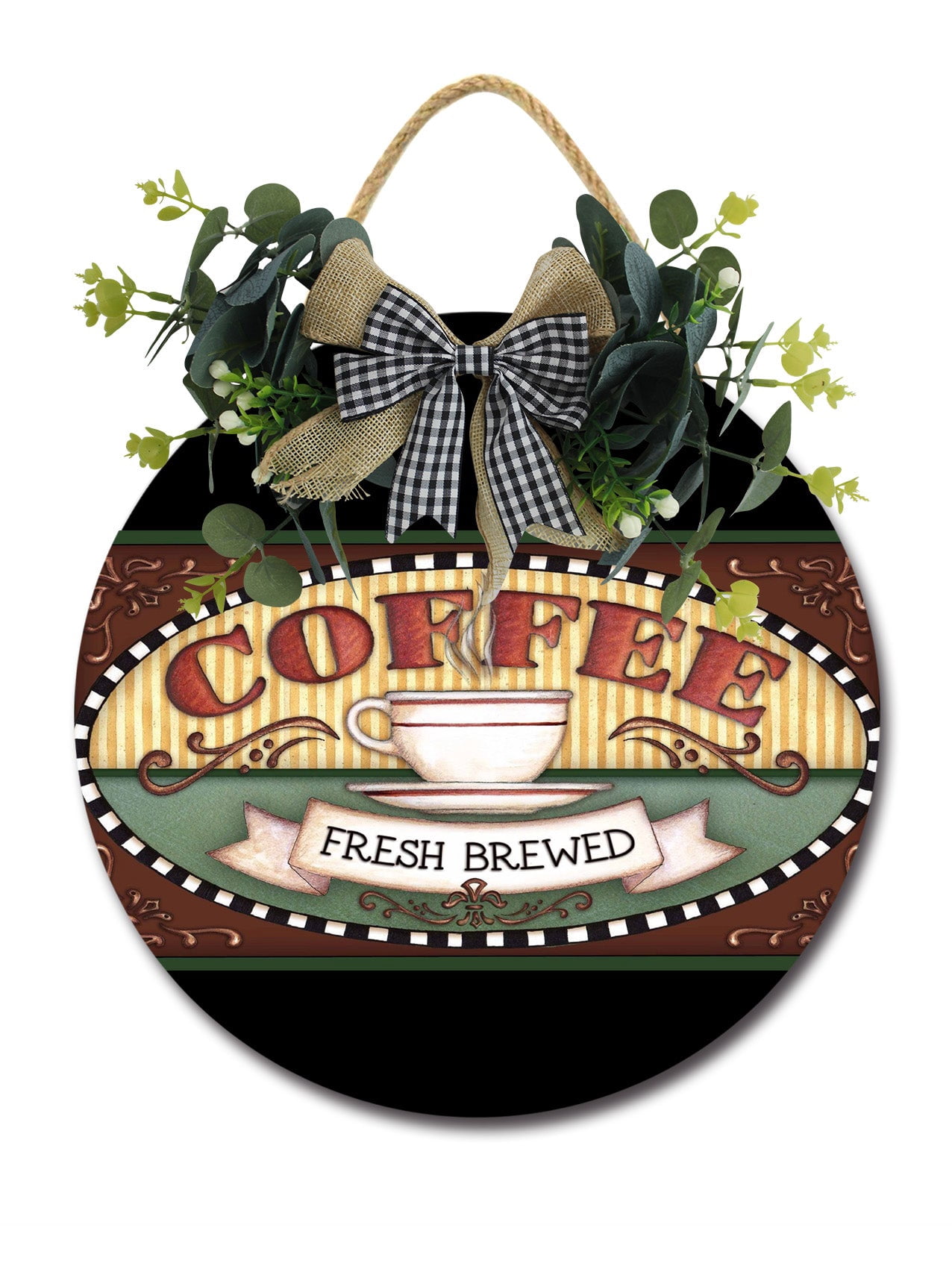 Coffee Fresh Brewed Sign Front for Door Decoration, 12 in Round Wood ...
