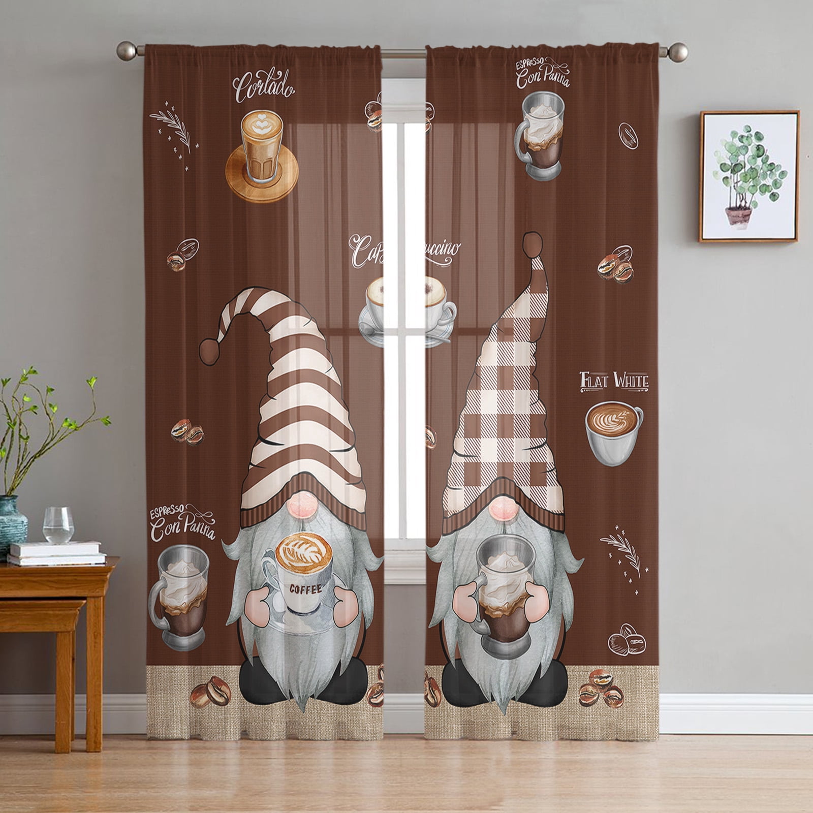 Coffee Gnome Snowflake Winter Chiffon Sheer Voile Curtains for Living ...