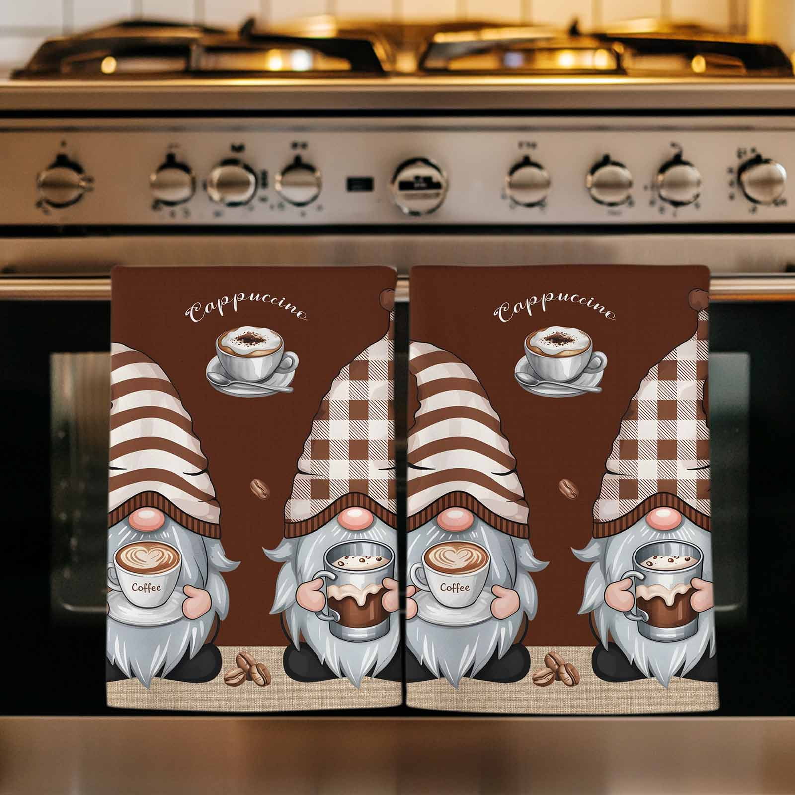 Coffee Gnomes Kitchen Towels Set of 3, Coffee Beans Cups Brown ...