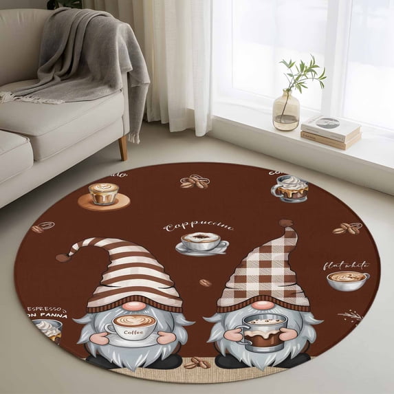 Coffee Gnomes Round Area Rug 4 FT, Non Slip Indoor Outdoor Rug, Coffee ...
