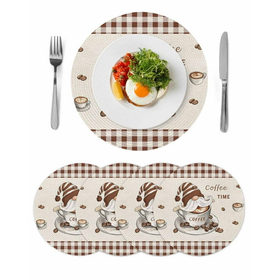 Coffee Gnomes Round Table Placemats set of 4, Farmhouse Brown Plaid ...