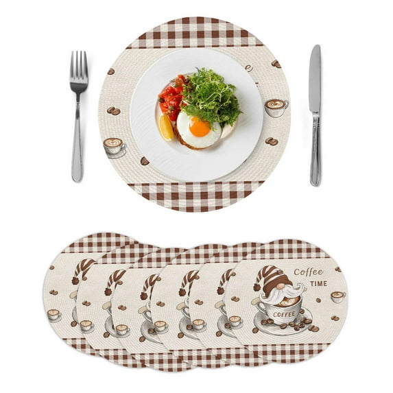 Coffee Gnomes Round Table Placemats set of 6, Farmhouse Brown Plaid ...