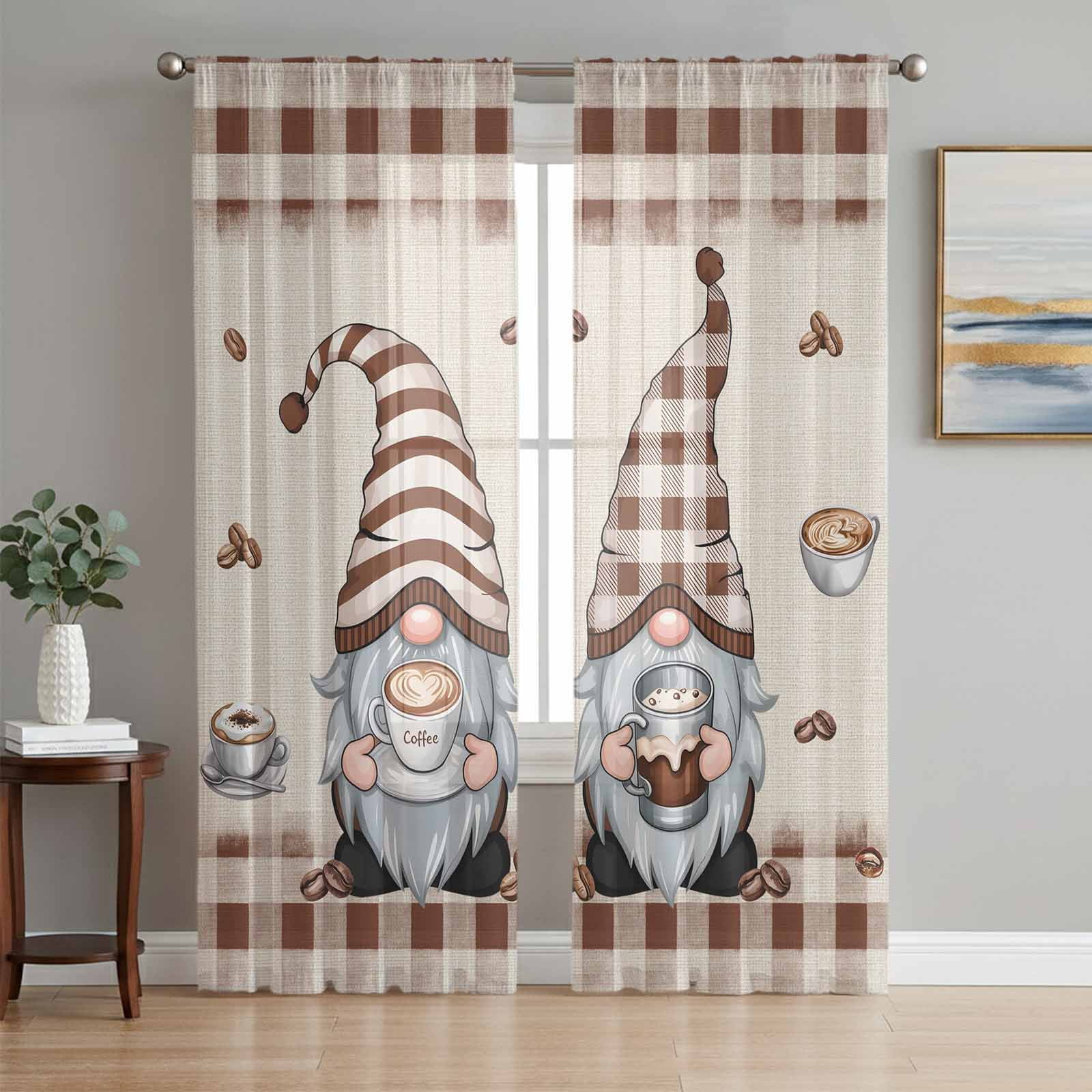 Coffee Gnomes Semi Sheer Curtains 96 Inch Length 2 Panels Set, Coffee ...