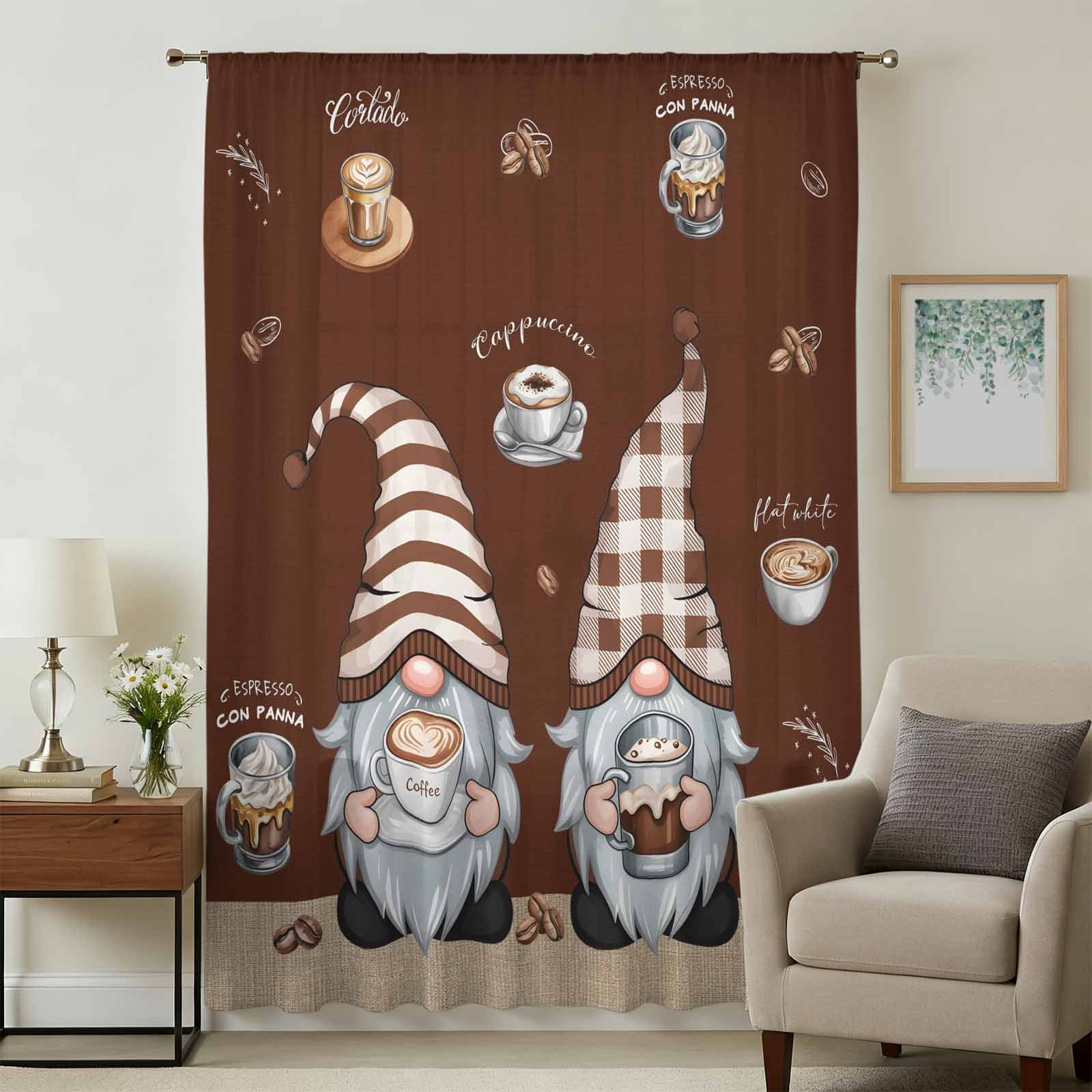 Coffee Gnomes Sheer Curtains 45 Inches Long, Coffee Beans Cups Brown ...