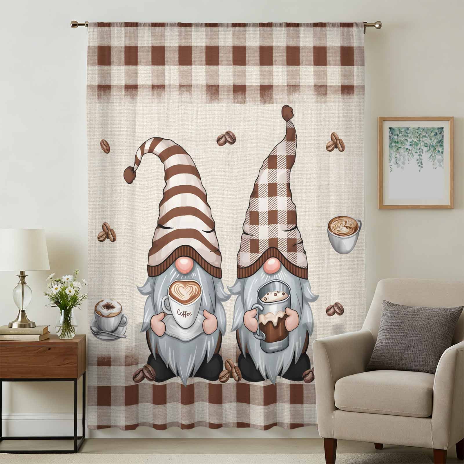 Coffee Gnomes Sheer Curtains 54 Inches Long, Coffee Cups Beans Beige ...