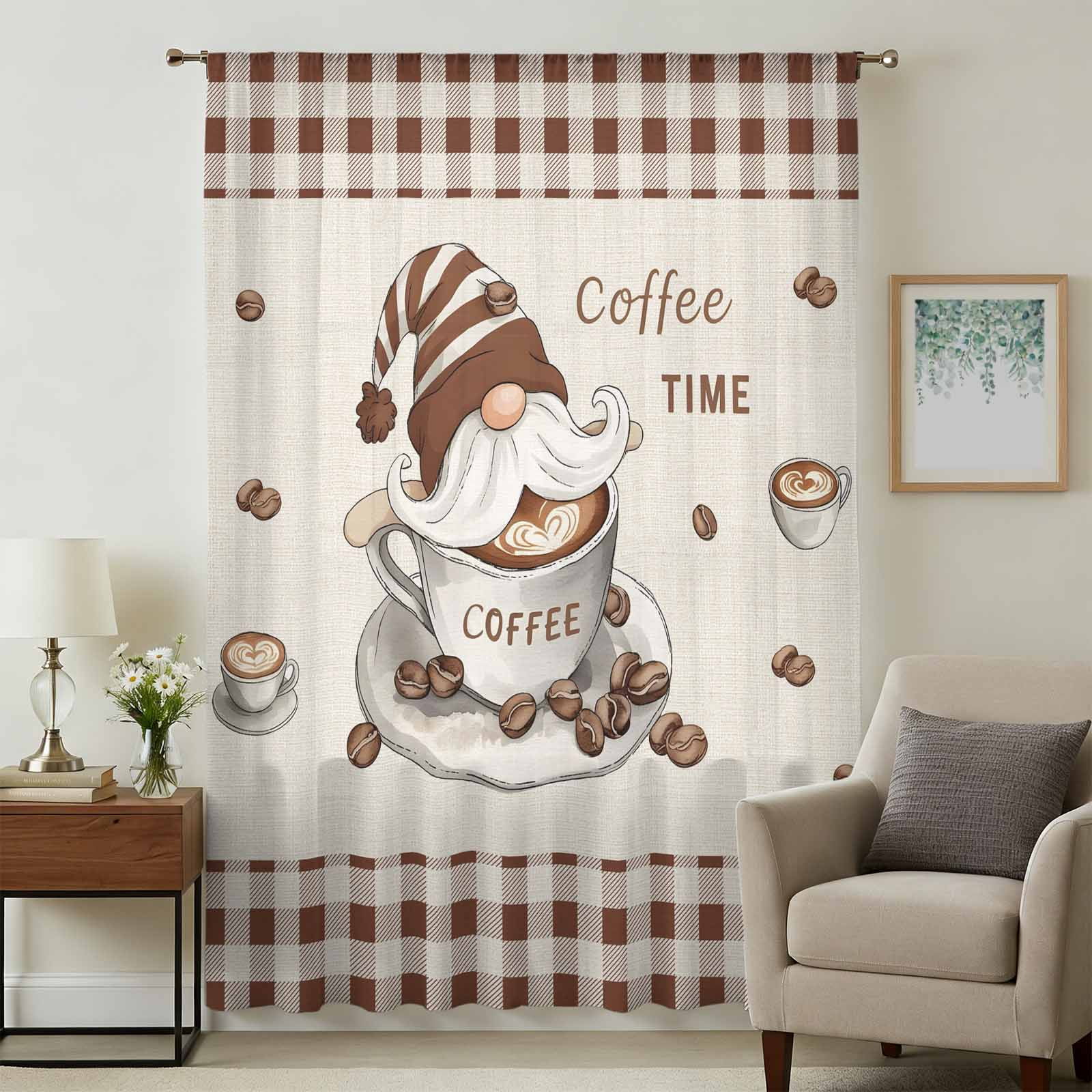 Coffee Gnomes Sheer Curtains 72 Inches Long, Farmhouse Brown Plaid ...