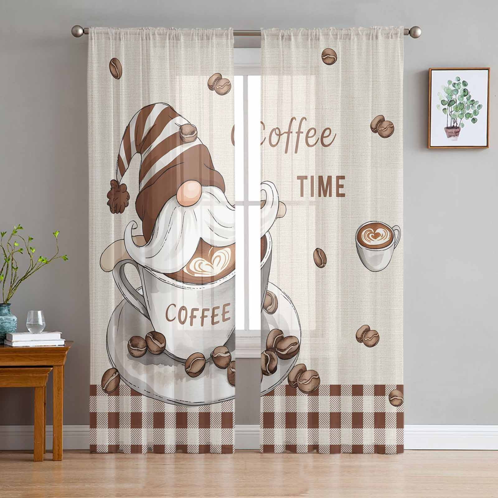 Coffee Gnomes Sheer Curtains 84 Inches Long 2 Panels Set, Window Sheer ...