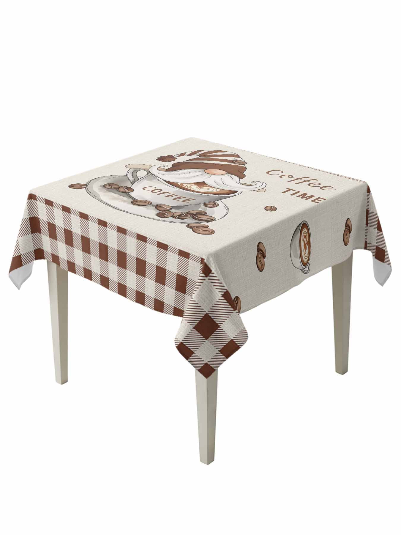 Coffee Gnomes Table Cloth, Farmhouse Brown Plaid Teacup Beans ...