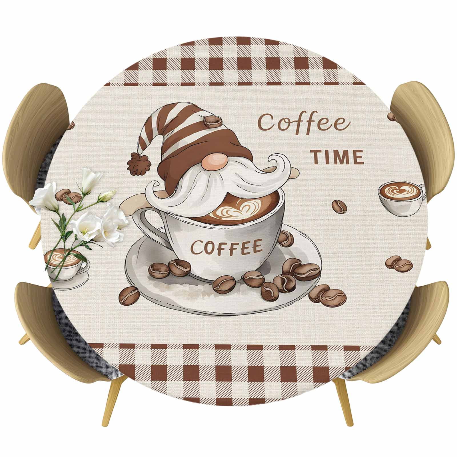 Coffee Gnomes Table Cloth, Round Fitted Tablecloths with Elastic Edge ...