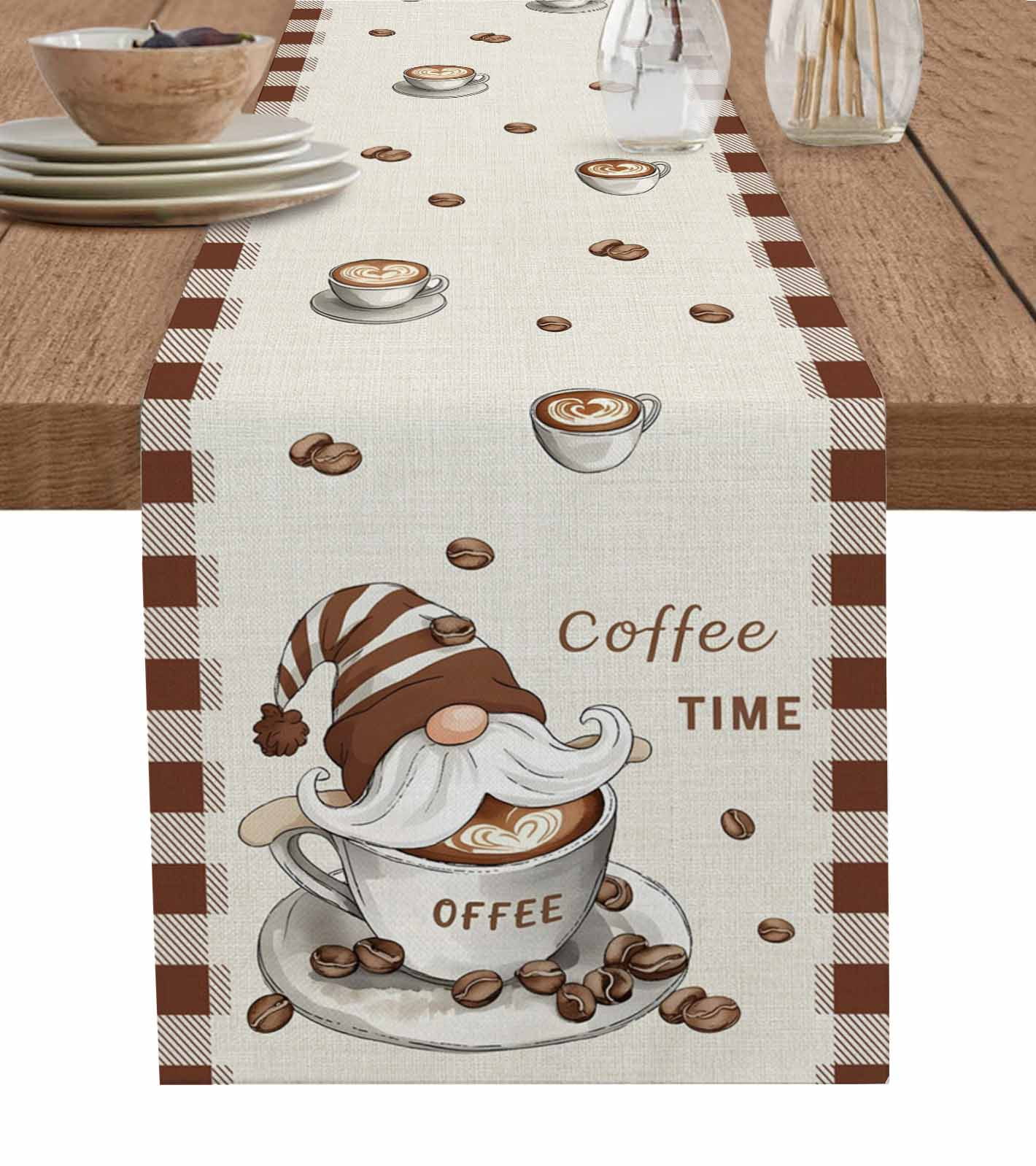 Coffee Gnomes Table Runner 108 Inches, Farmhouse Brown Plaid Teacup ...