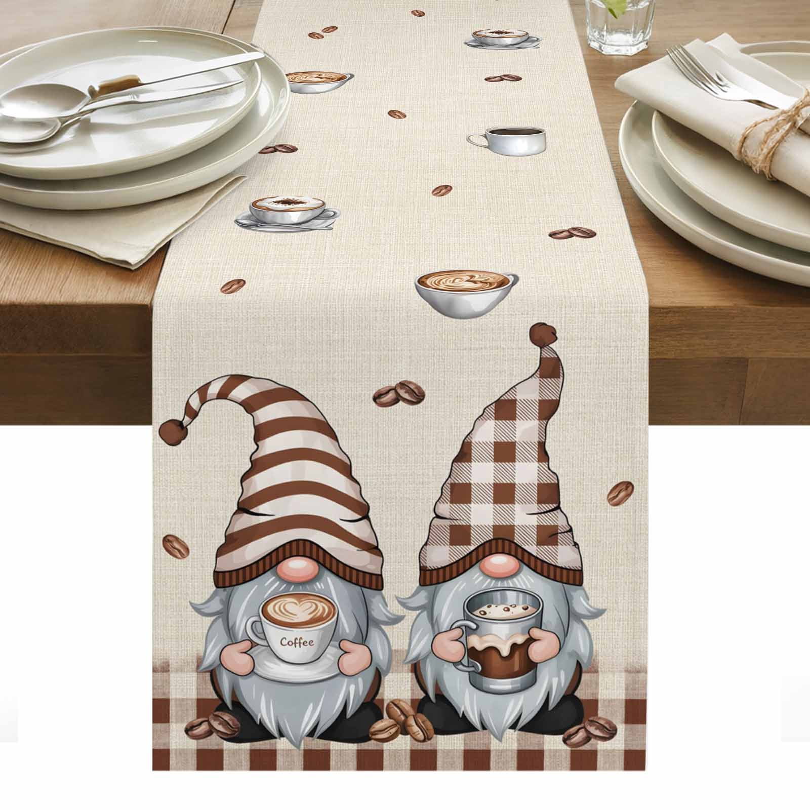 Coffee Gnomes Table Runner - 60 Inch Long, Kitchen Dining Table Runner ...