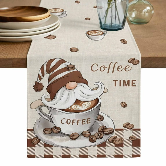 Coffee Gnomes Table Runner, Brown Buffalo Plaid Check Farmhouse ...