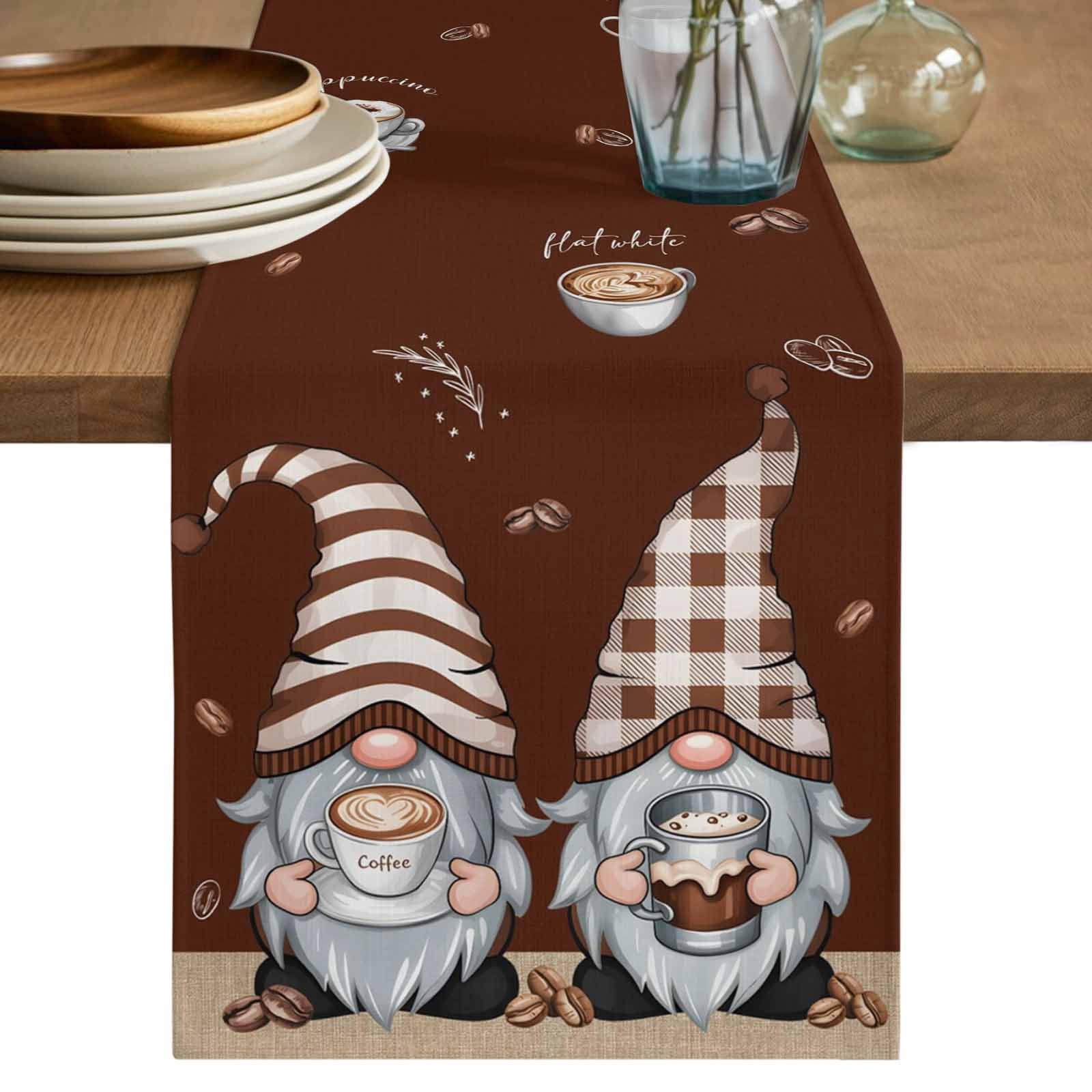 Coffee Gnomes Table Runner, Coffee Beans Cups Brown Washable Cotton ...