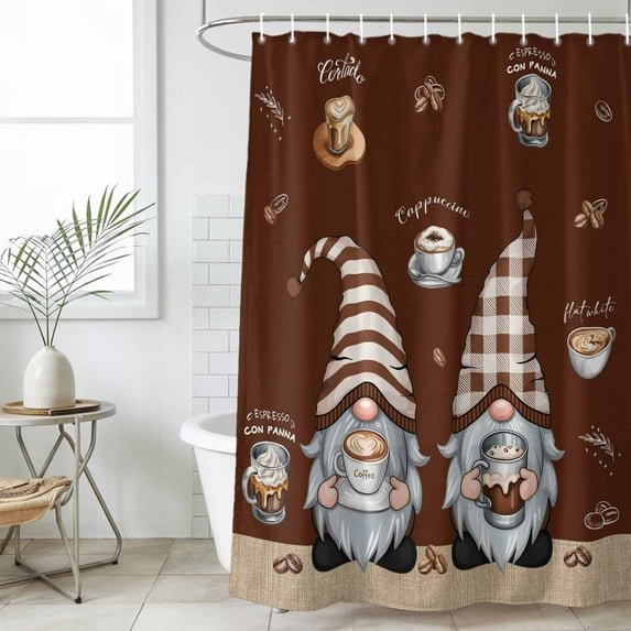 Coffee Gnomes Waterproof Fabric Shower Curtain, Coffee Beans Cups Brown ...