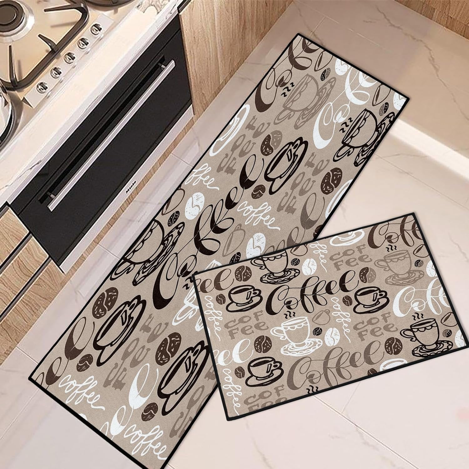 Coffee Home Kitchen Rugs and Mats Non Skid Washable Set of 2, Cute ...