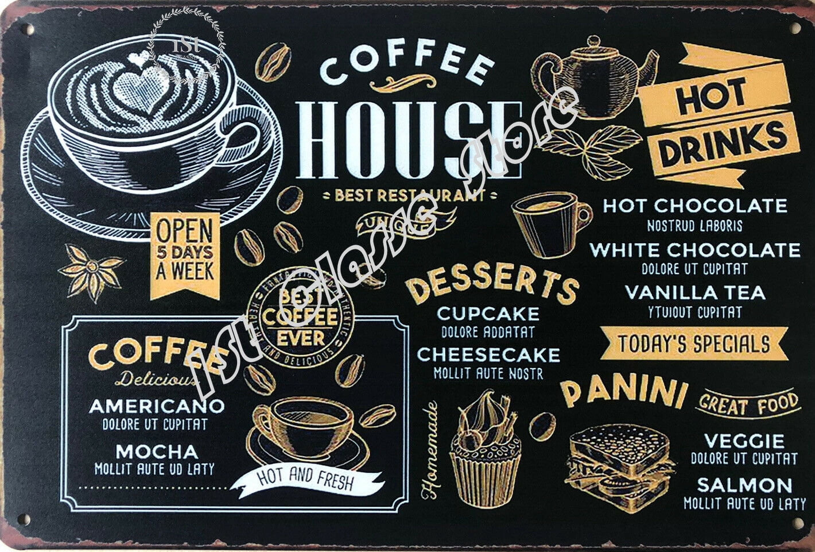 Coffee House Menu Cafe Aluminum Sign Rustic Vintage Wall Decor Metal ...