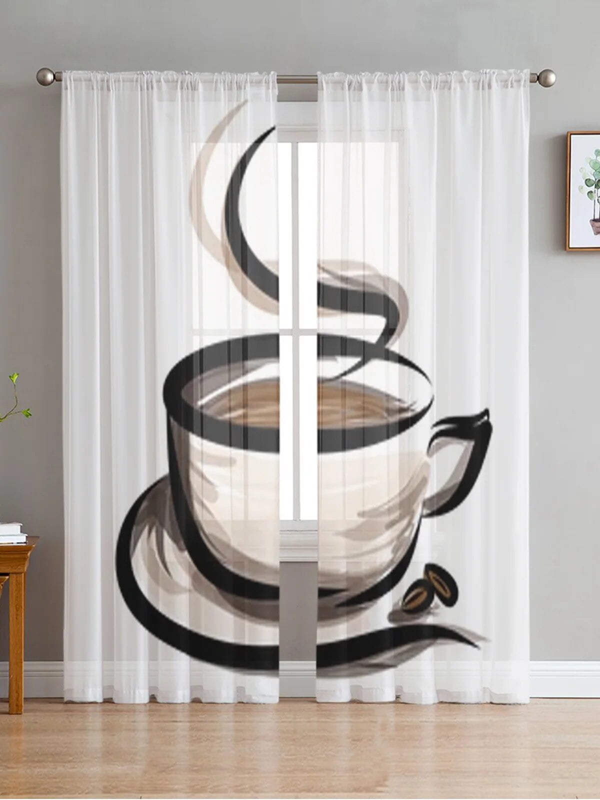 Coffee Illustration Chiffon Sheer Curtains For Living Room Bedroom r ...
