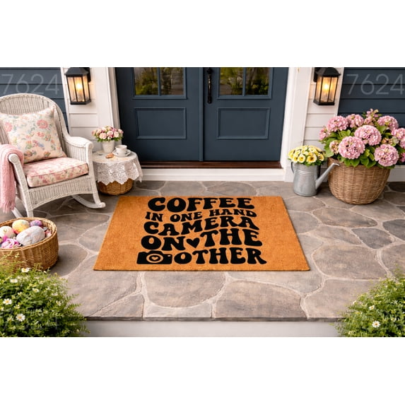 Coffee In One Hand Camera On The Other Doormat, Funny Photographer ...