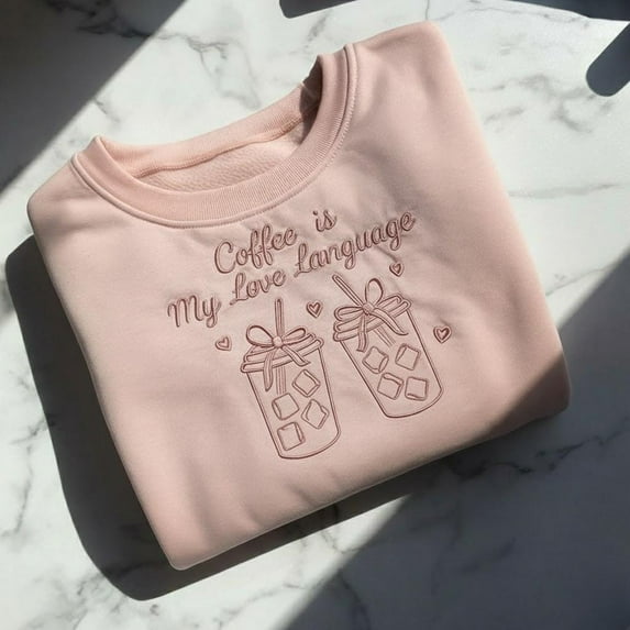 Coffee Is My Love Language Embroidered Shirt, Minimal Pink Outline Iced ...