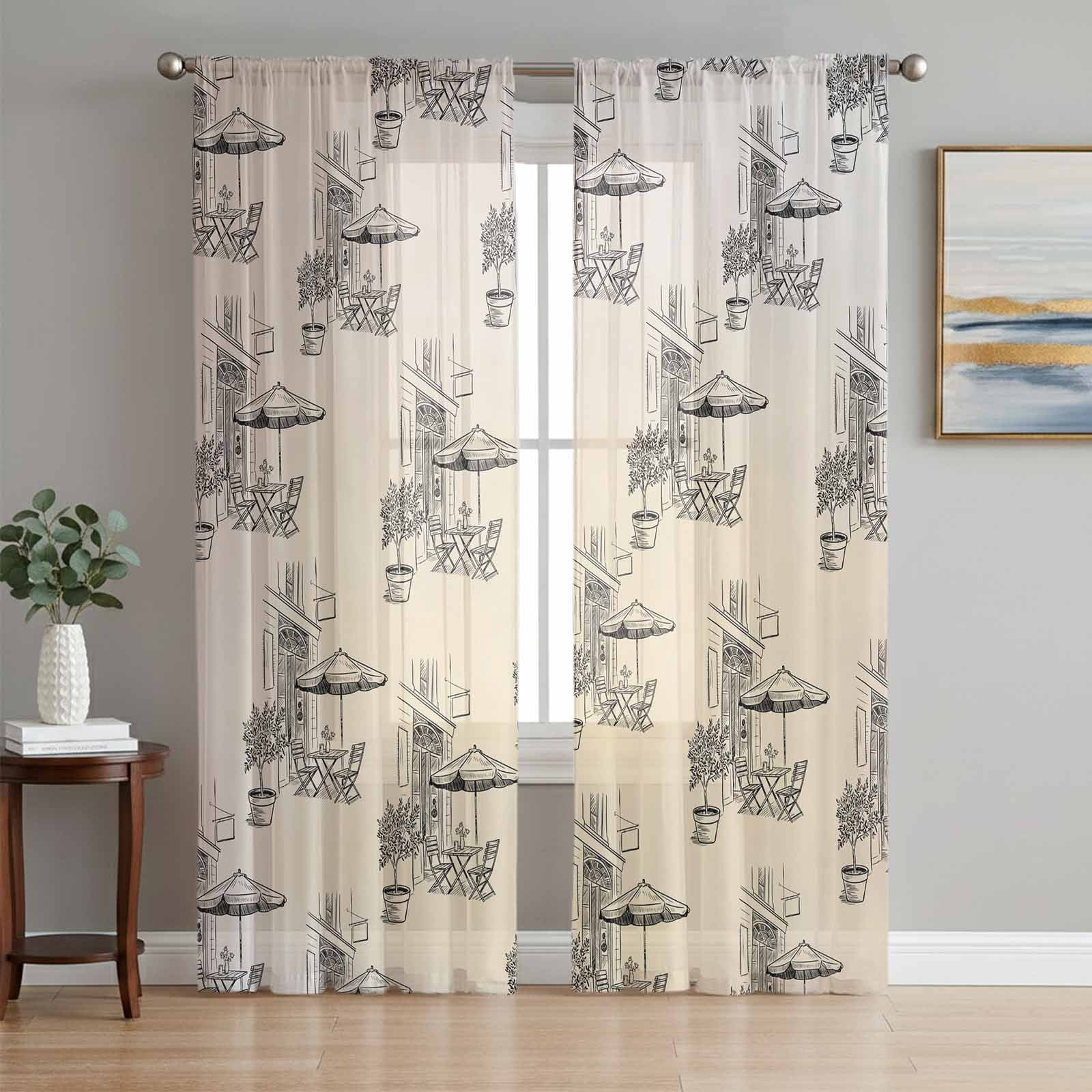 Coffee Kiosk Sheer Curtains 84 Inch Length 2 Panels Set, Retro Leisure ...