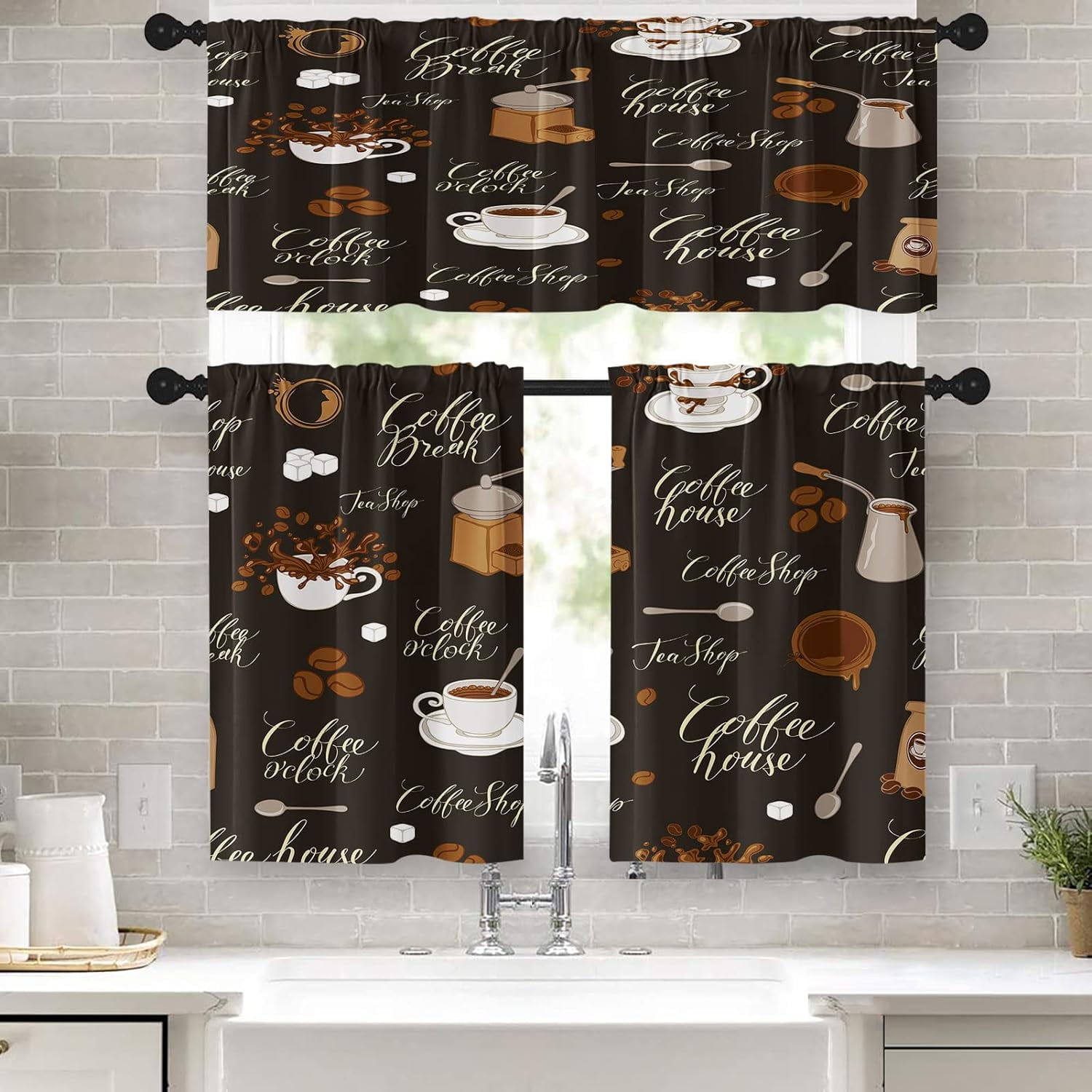 Coffee Kitchen Curtains Black Brown Window Curtains Valance and Tier ...