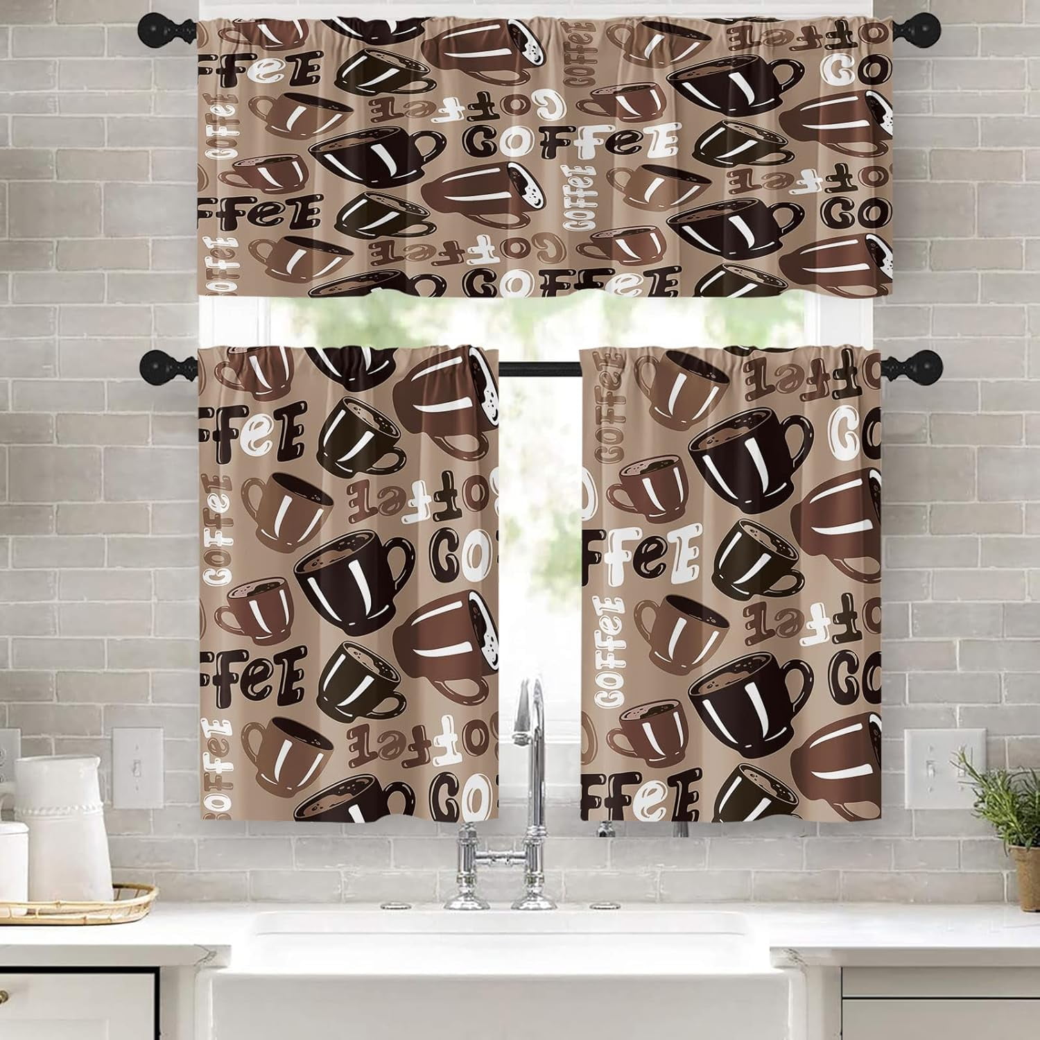 Coffee Kitchen Curtains Cartoon Window Curtains Valance and Tier Set ...