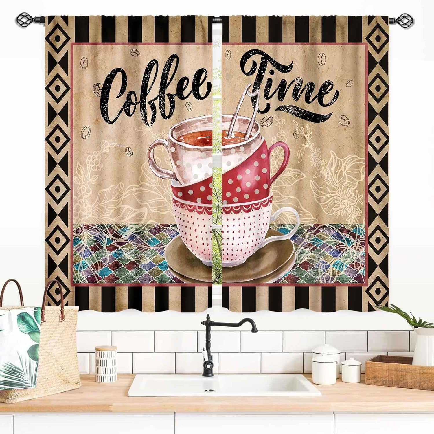 Coffee Kitchen Curtains, Rustic Vintage Coffee Theme Latte Cappuccino ...