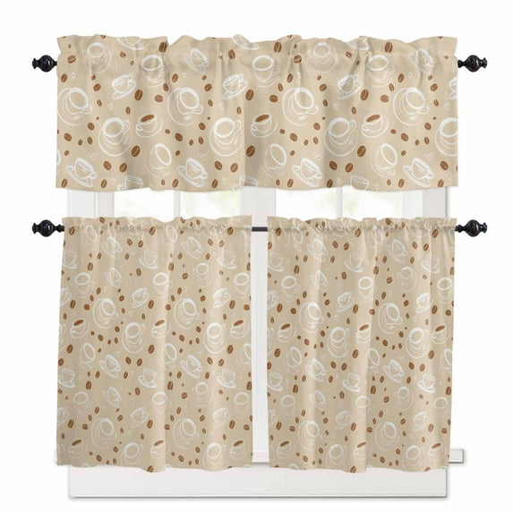 Coffee Kitchen Curtains Valance and Tier Set Vintage White Lines Coffee ...